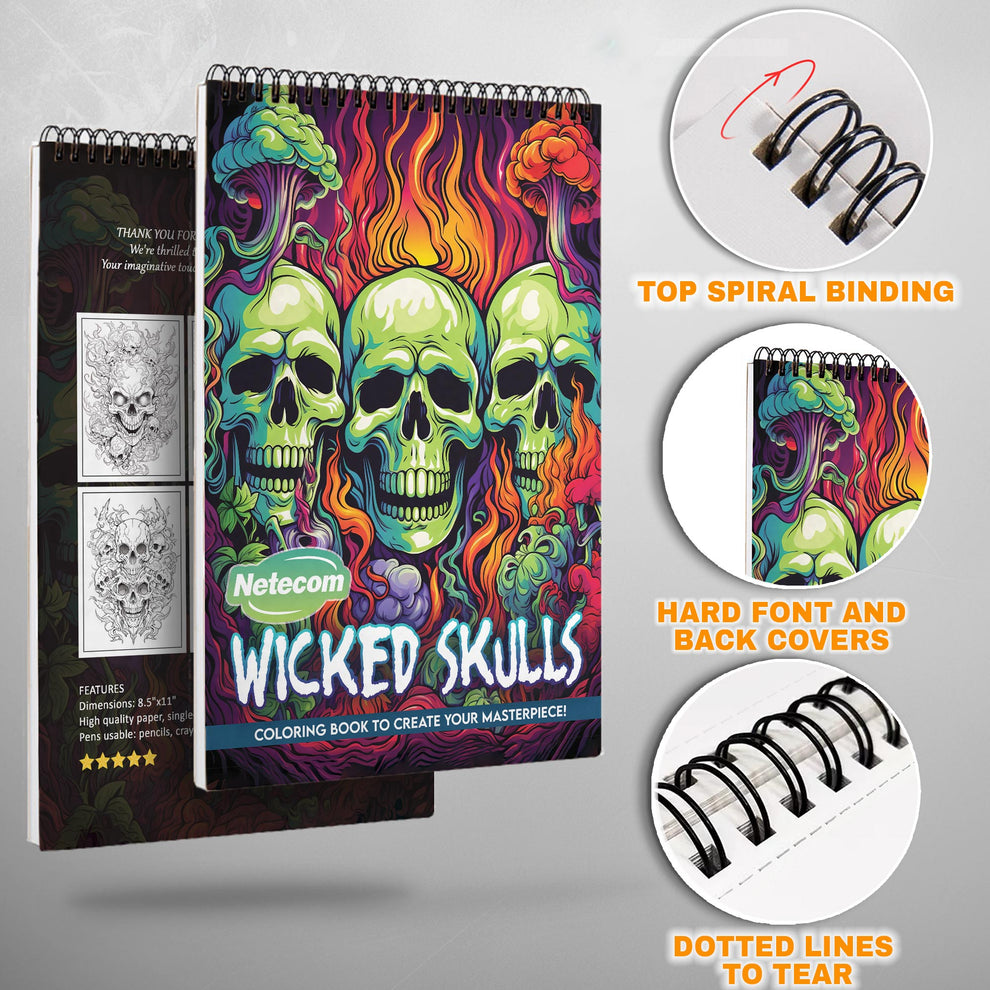 Wicked Skulls Spiral Bound Coloring Book, Edgy Skull Designs for a Dar ...