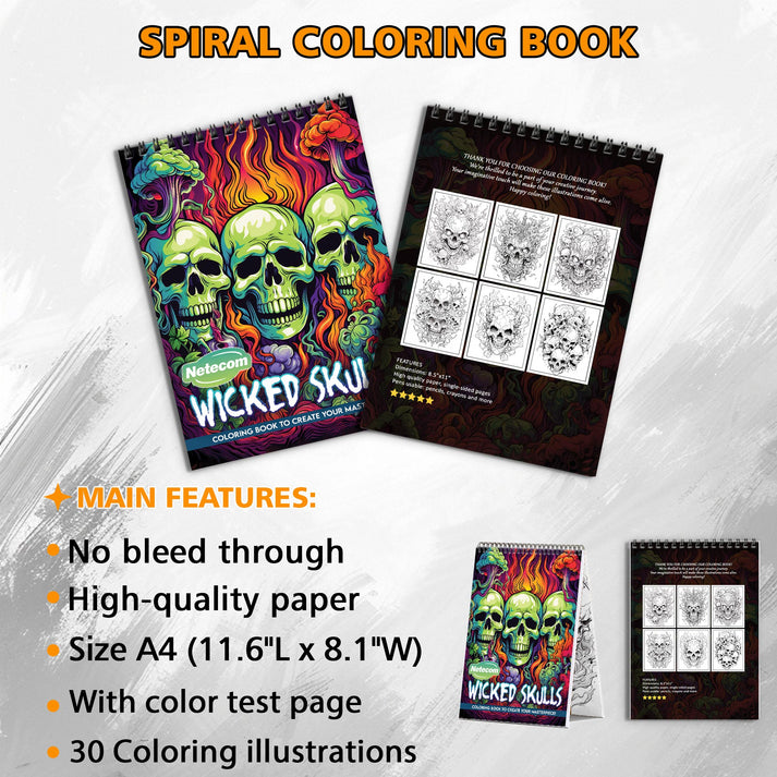 Wicked Skulls Spiral Bound Coloring Book, Edgy Skull Designs for a Dar ...