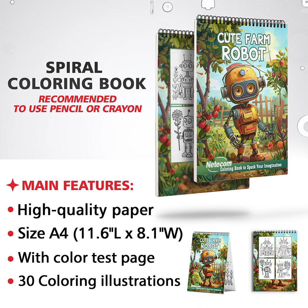 Netecom Cute Farm Robot Coloring Book for Adults, Spiral Bound, Soft C
