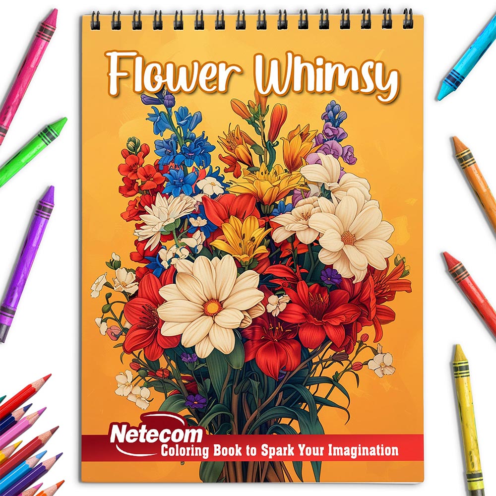 Netecom Flower Whimsy Coloring Book for Adults, Spiral Bound, Soft Cov