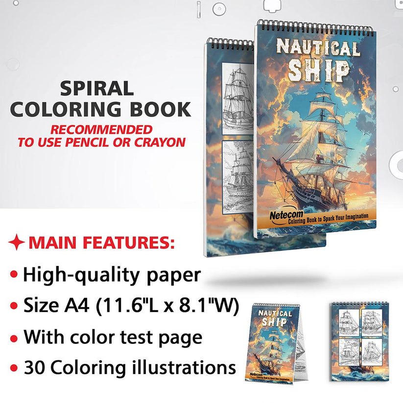 Netecom Nautical Ship Coloring Book for Adults, Spiral Bound, Soft Cov