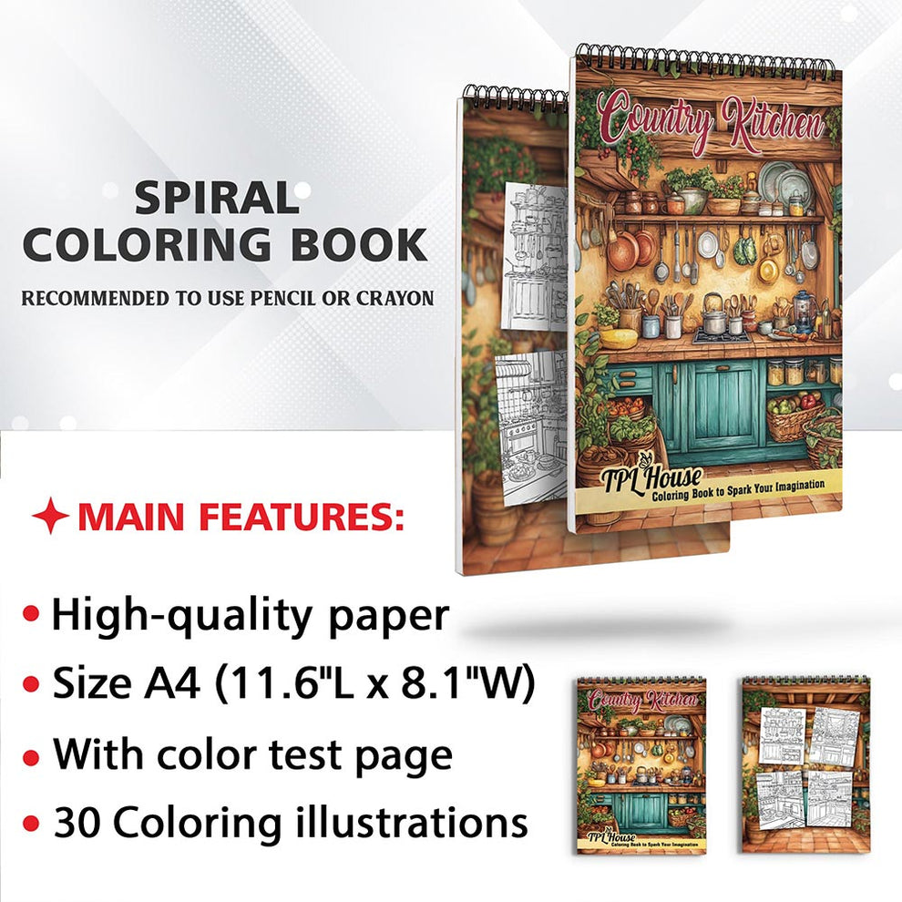 TPLHOUSE Countryside Kitchen Coloring Book for Adults, Spiral Bound, S ...