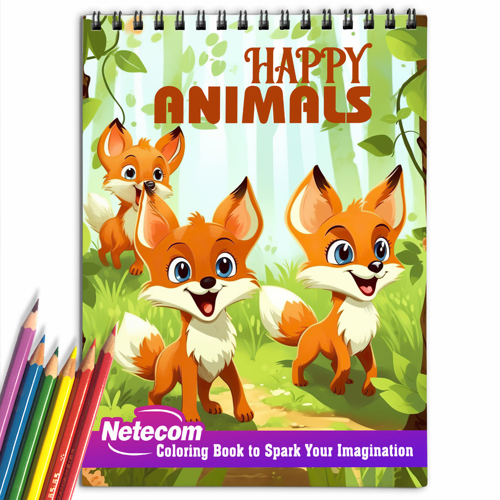 Happy Animals Spiral Bound Coloring Book, Immerse Yourself in 30 Capti ...