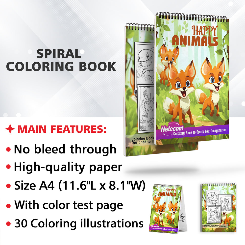 Happy Animals Spiral Bound Coloring Book, Immerse Yourself in 30 Capti ...